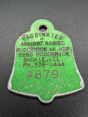 Vintage Rabies Tag Skokie Illinois Green Bell Shaped McCormick Animal ...