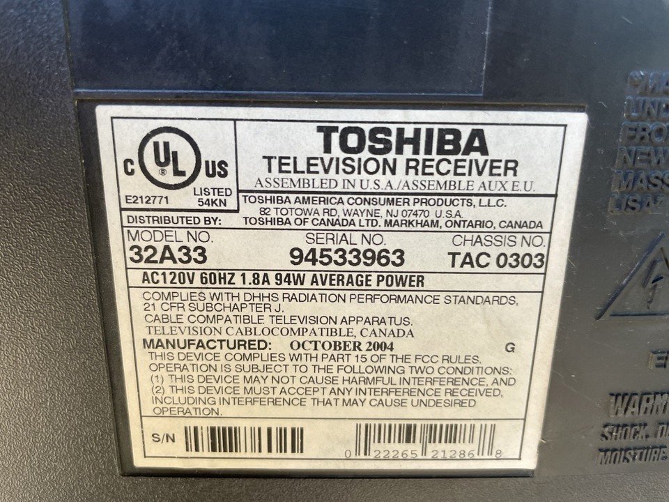 Toshiba ColorStream CRT TV 32A33 32" Curved Screen Component Gaming ...