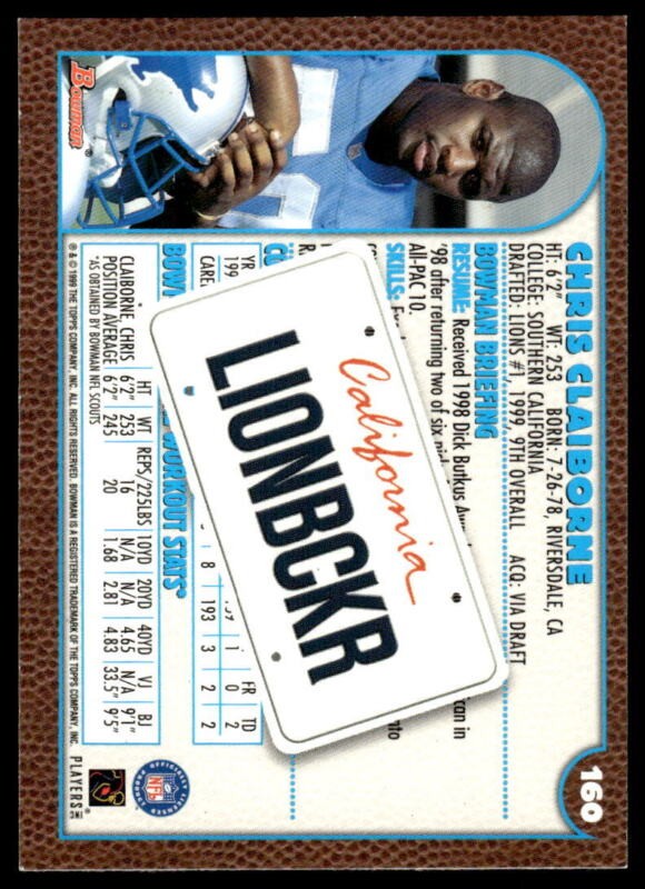 1999 BOWMAN CHRIS CLAIBORNE 160 MINT INTERSTATE RC FOOTBALL DETROIT ...