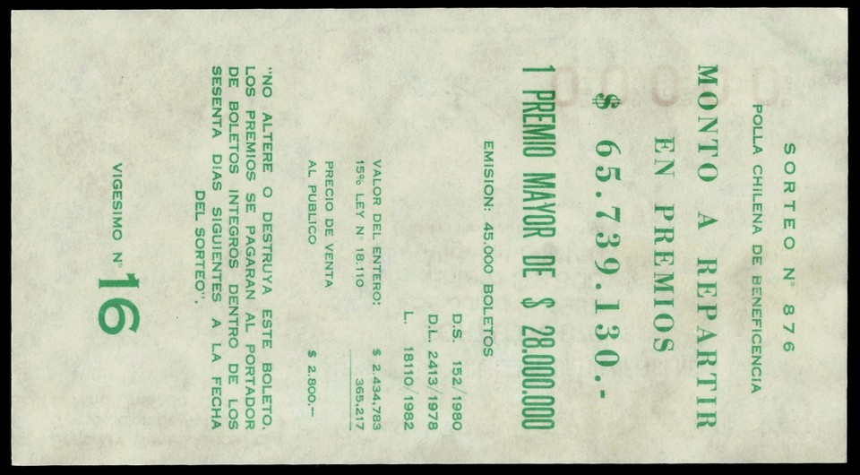 CHILE, LOTTERY TICKET, "POLLA CHILENA", GAME # 876, YEAR 1982, NUMBER ...