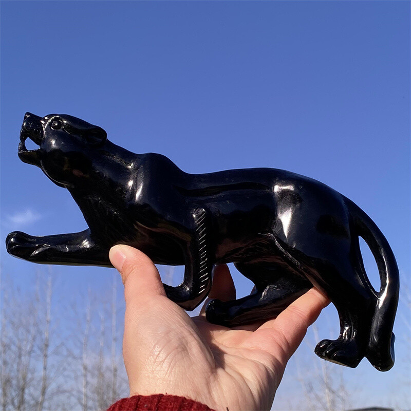 1.84LB Natural Obsidian Carved Leopard Skull Quartz Crystal Figurine ...