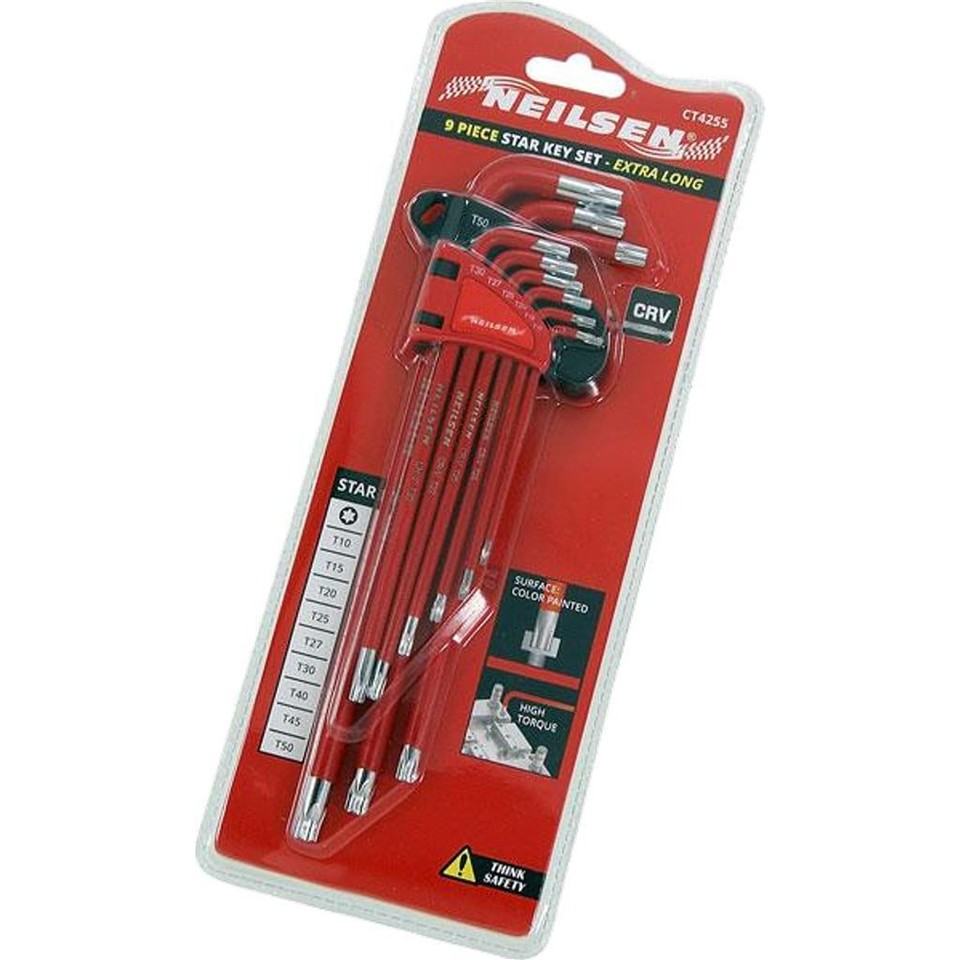 Neilsen 9pc Long Arm Offset Star Torx Allen Key Wrench Set T10 - T50 ...