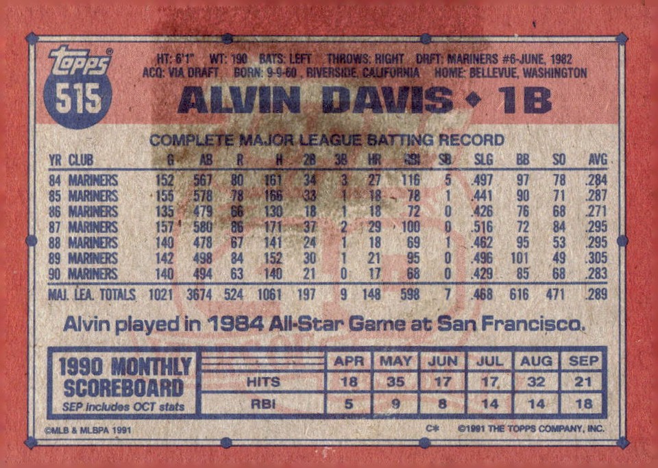 1991 Topps #515 Alvin Davis - Seattle Mariners | eBay