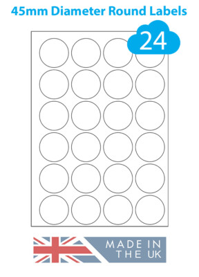 45mm Round Labels, 24 White Paper Stickers Per A4 Sheet, Laser & Inkjet ...