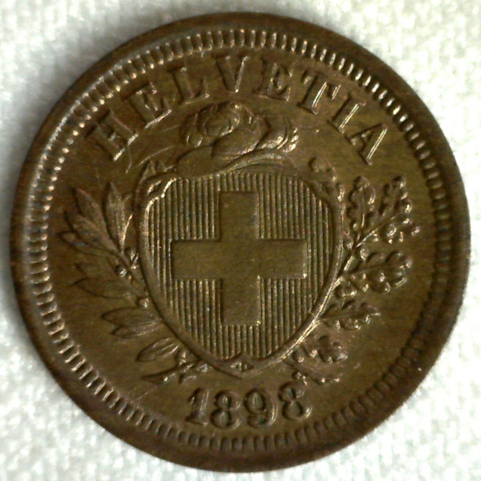 1898 B Switzerland Bronze Rappen Coin Extra Fine Helvetia Shield Within ...