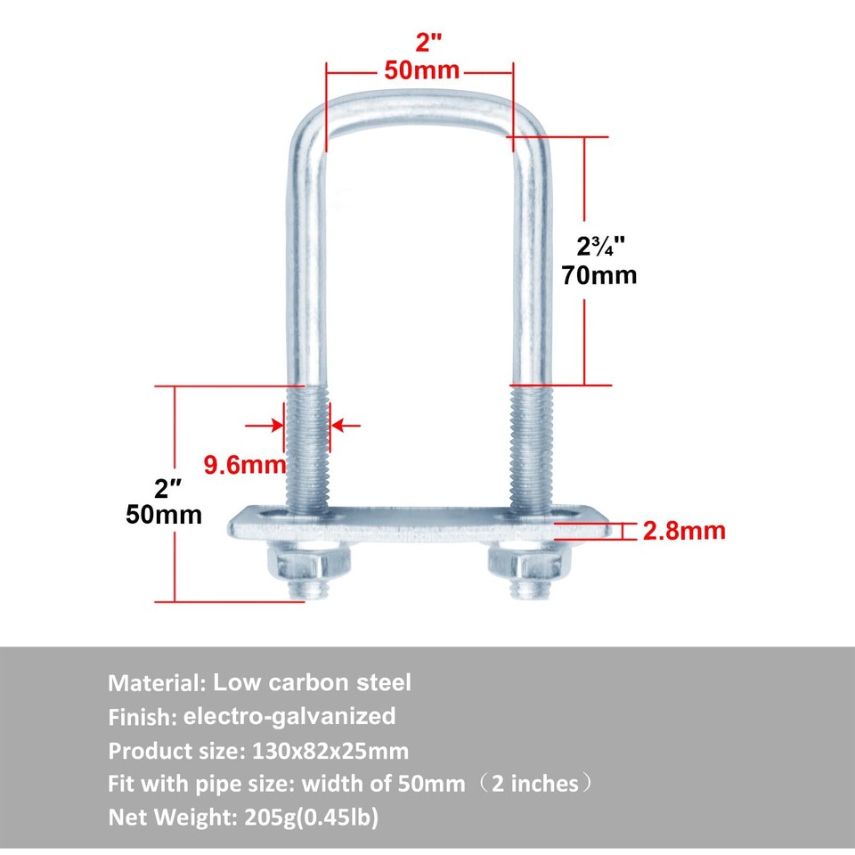 10 Pcs Square U-Bolt 2 Inch Inner Width Galvanized Steel Square Trailer ...