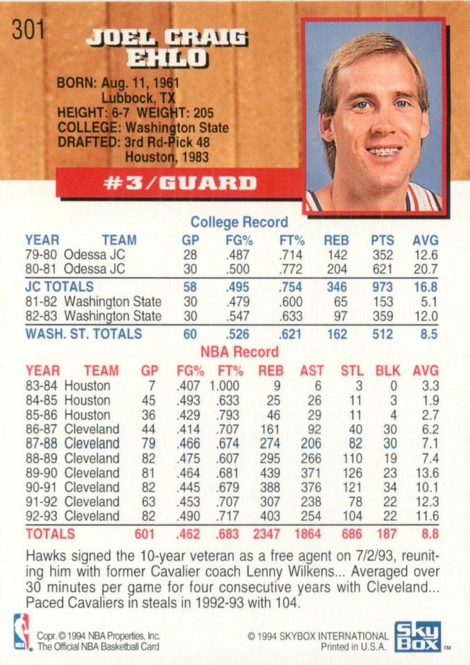 1993-94 Hoops Craig Ehlo #301 Basketball Card Cleveland Cavaliers ...