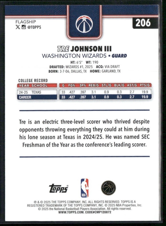 2025-26 Topps Basketball Tre Johnson III RC #206 | eBay