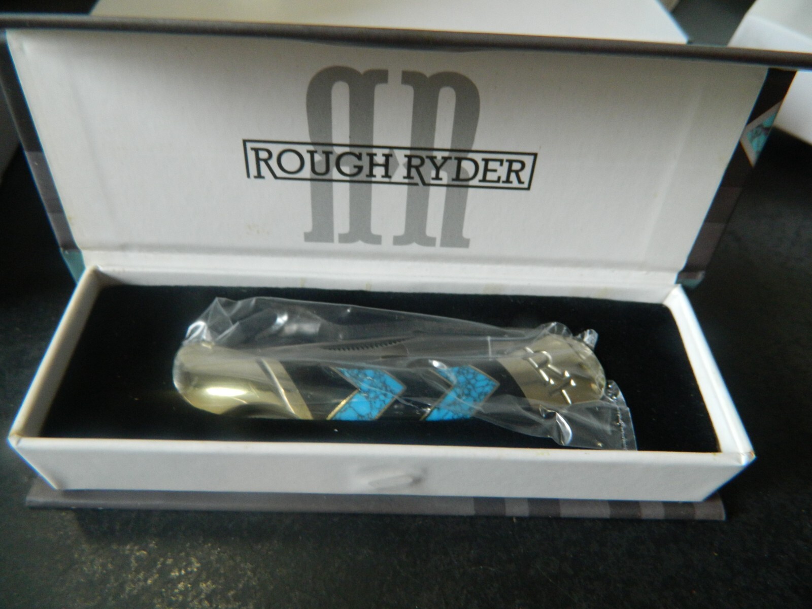 ROUGH RIDER 3 1/2" CLOSED POCKET KNIFE TURQUOISE HANDLE BLK. & BLUE ...