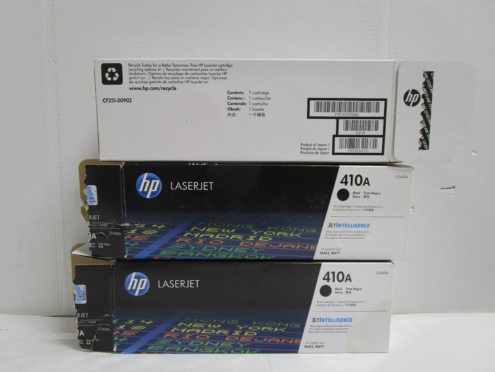 HP 410A CF410A CF411 TONER 2 BLACK 1 CYAN LOT OF 3 GENUINE NEW OPEN BOX ...