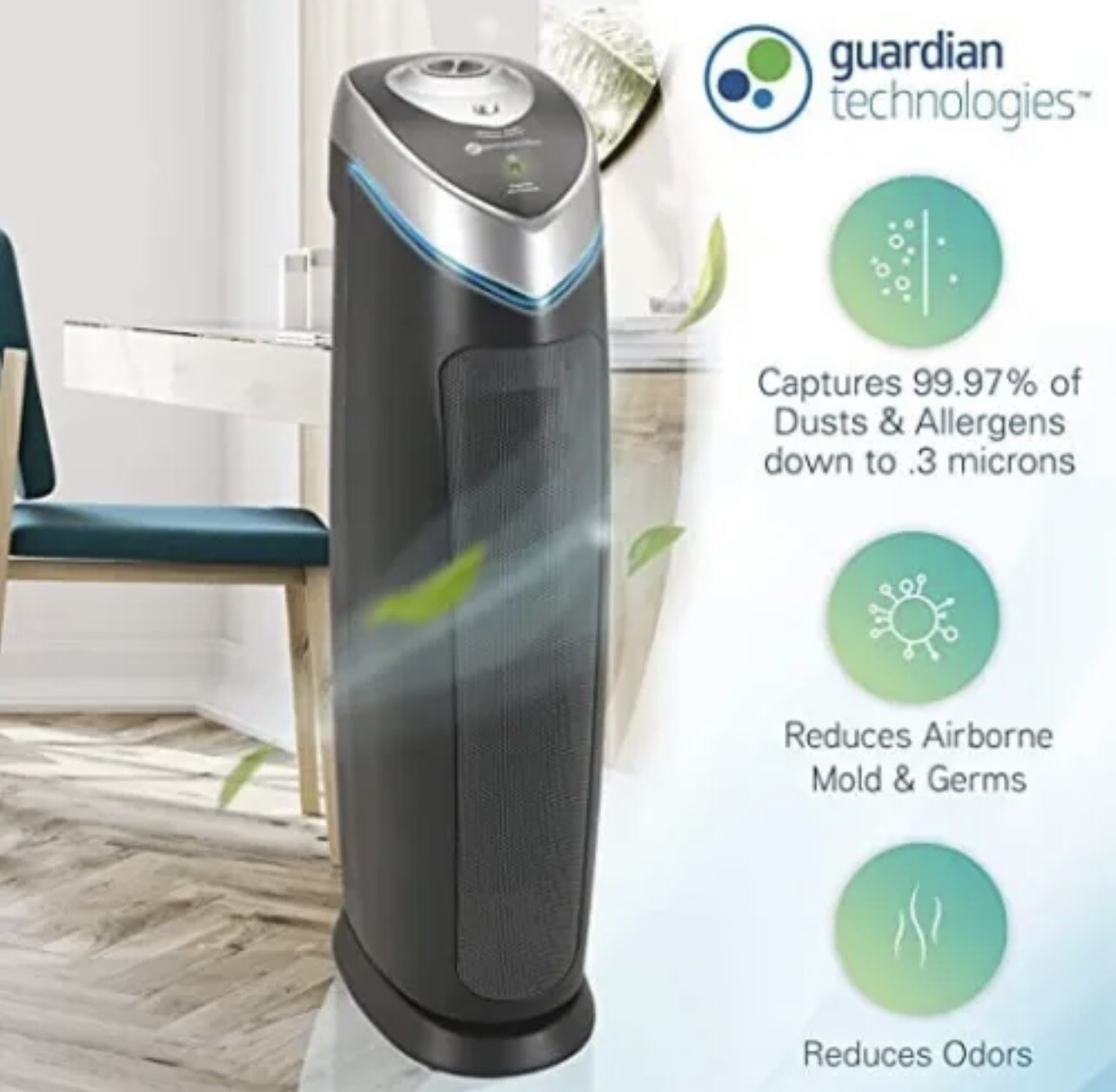 Germ Guardian AC5000 28” 3-in-1 True HEPA Filter Air Purifier for Home ...
