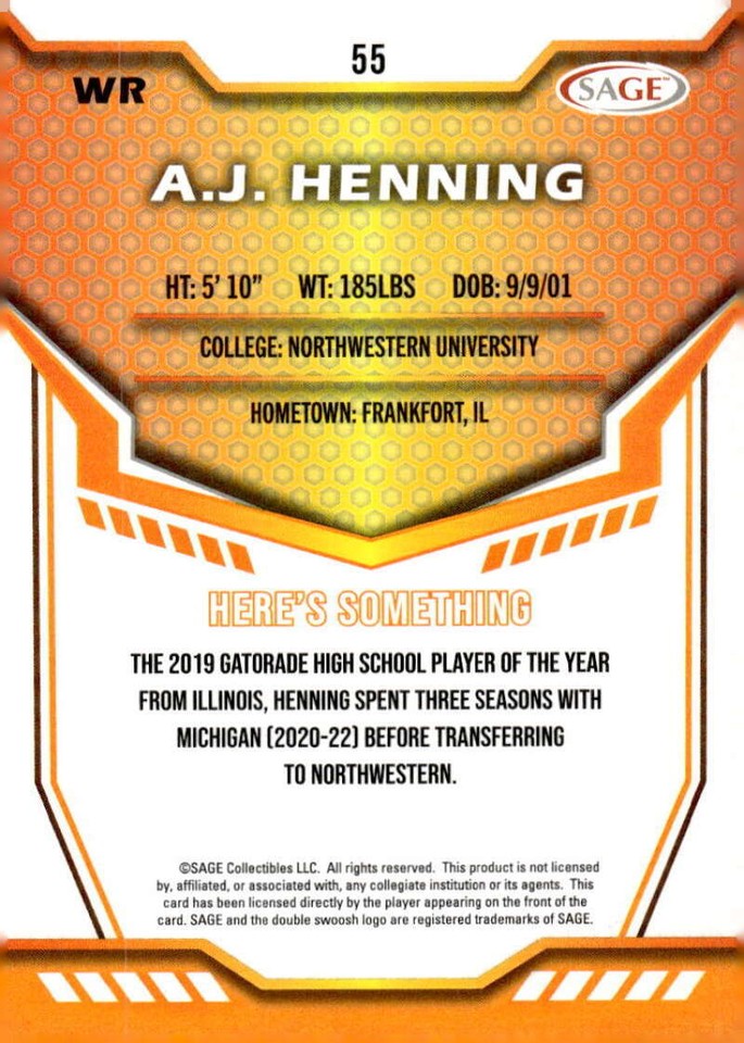 A.J. HENNING RC 2024 SAGE Hit Low Series Silver #55 ROOKIE NCAA NFL ID ...