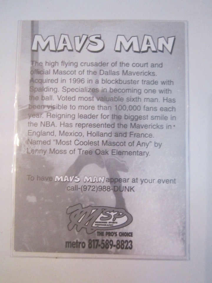 DALLAS MAVERICKS MASCOT SIGNED BASKETBALL CARD - MAVS MAN - TUB BBA20 ...