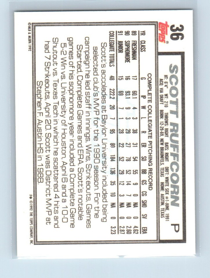 1992 Straight from the Pack!!! Scott Ruffcorn Rookie Chicago White Sox ...
