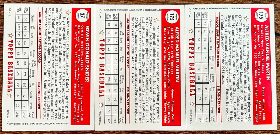 2001 Topps 1952 World Series Gold Reprint Duke Snider # 37 Billy Martin ...