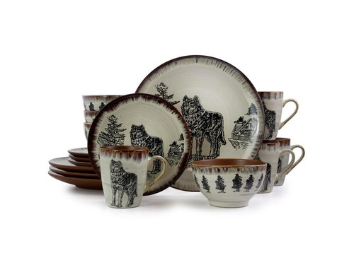 Elama Majestic Wolf 16 Piece Luxurious Stoneware Dinnerware with ...