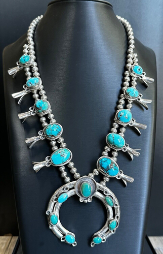 Vintage Sterling Silver Navajo Spider Web Turquoise Squash Blossom ...