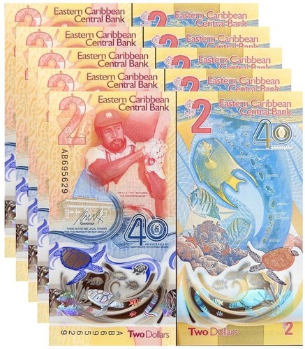 East Caribbean 2 Dollars 2023 2024 40th P 61 Polymer LOT 5 UNC NR | eBay