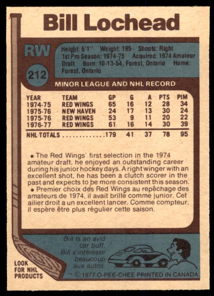 1977-78 O-Pee-Chee NM-MT Bill Lochead #212 | eBay