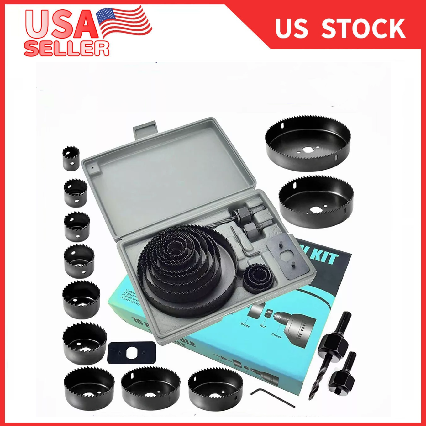 16pc Hole Saw Drill Bit Kit Wood Plastic Sheet Metal 3/4"-5" Cutting Set Kit | eBay