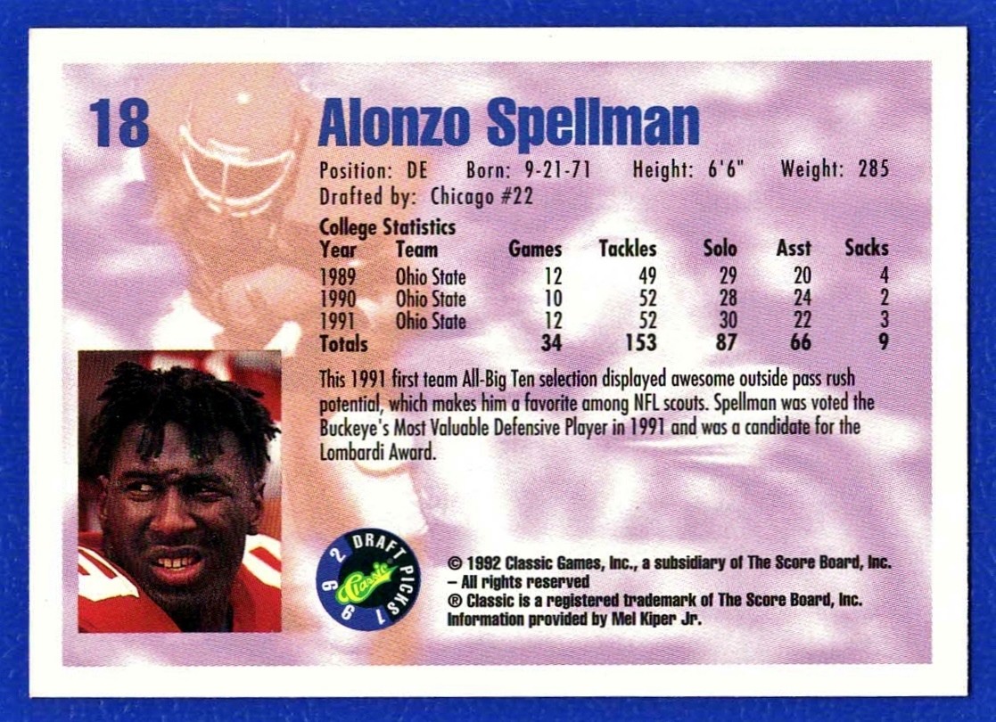 1992 Classic Draft Picks #18 Alonzo Spellman Ohio State Football Card ...