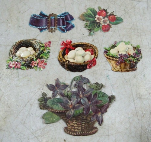 6 Antique Victorian Embossed Paper Die Cut Flowers Eggs Baskets Berries ...