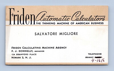 Friden Automatic Calculators Vintage Business Card Newark New Jersey NJ ...