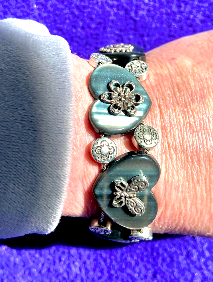 BRIGHTON BUTTON HEART SILVER HEART FLOWER BUTTERFLY ON SHELL HEARTS ...