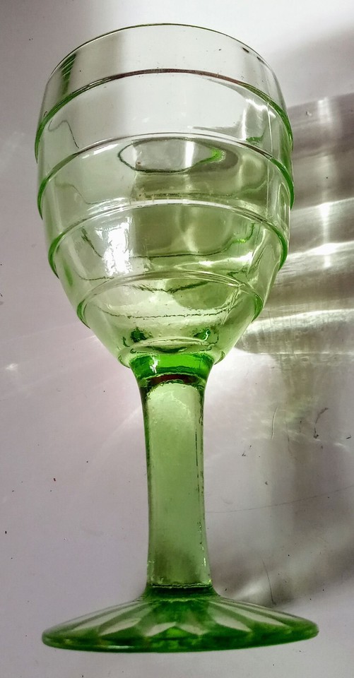 VTG URANIUM GLASS BLOCK OPTIC ANCHOR HOCKING WINE GLASS 4.75" EXCELLENT ...
