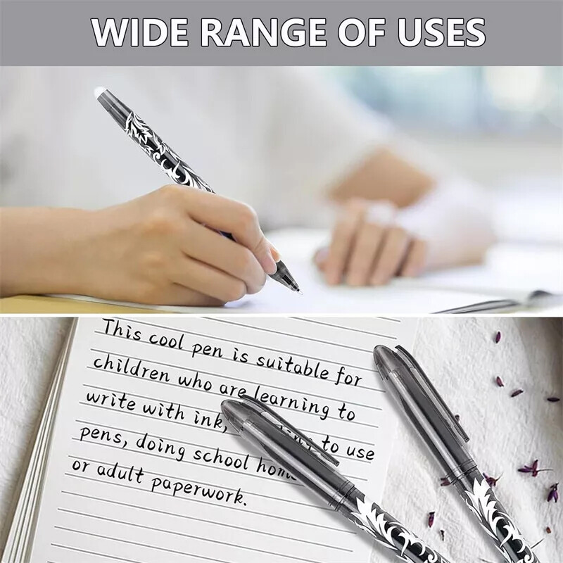8X Black Erasable Pens Rub Out Pens Ink Eraser Pen with Rubber Erasable ...