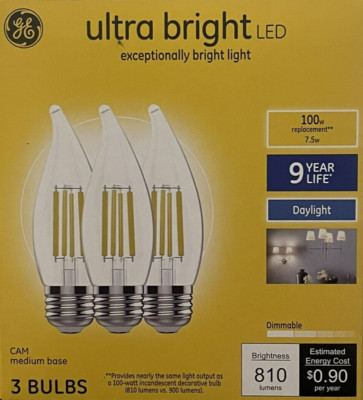 3 GE 100-Watt Clear Ultra Bright Daylight Flame Tip LED Bulbs w/ Medium ...