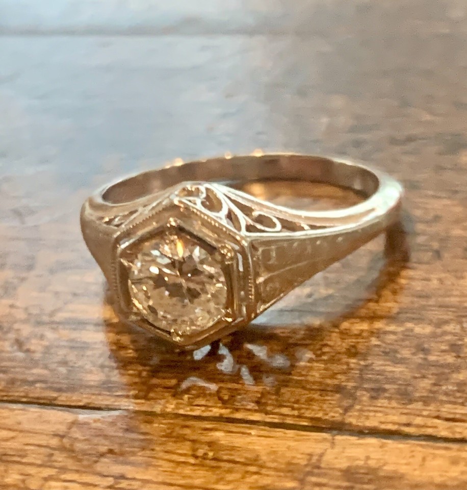 Women’s White Gold Used Diamond Ring Antique Art Deco Engagement .65 Ct ...