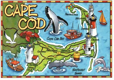 CAPE COD COMIC MAP of ANIMALS & TOURIST SPOTS & LIGHTHOUSE POSTCARD ...
