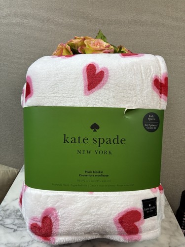 Kate Spade Plush Fleece Throw White w/ Pink & Red Hearts - Queen 92” x ...