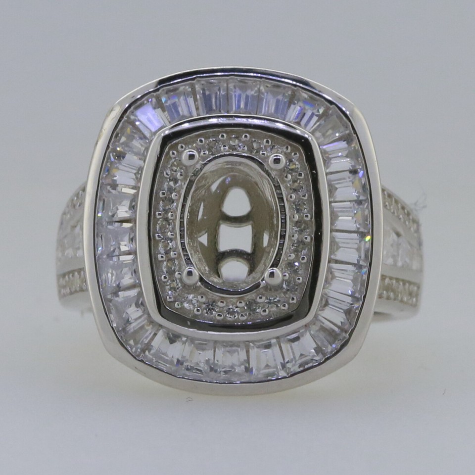 Sterling Silver Semi Mount Ring Setting Oval OV 8x6mm Channel Baguette ...