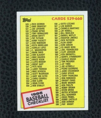 1985 TOPPS CHECKLIST 529-660 #659 KIRBY PUCKETT DWIGHT GOODEN ERIC ...