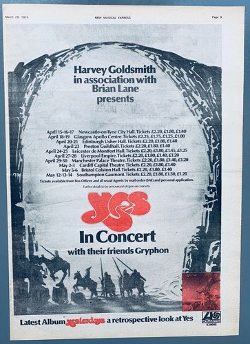 YES 1975 vintage POSTER ADVERT UK CONCERT TOUR Yesterdays | eBay