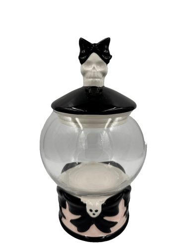 Cobwebs & Cauldrons Candy Jar Black White Glass Skeleton Bow Halloween ...