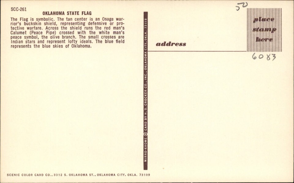 Oklahoma state flag Osage warrior's buckskin shield ~ postcard sku743 ...