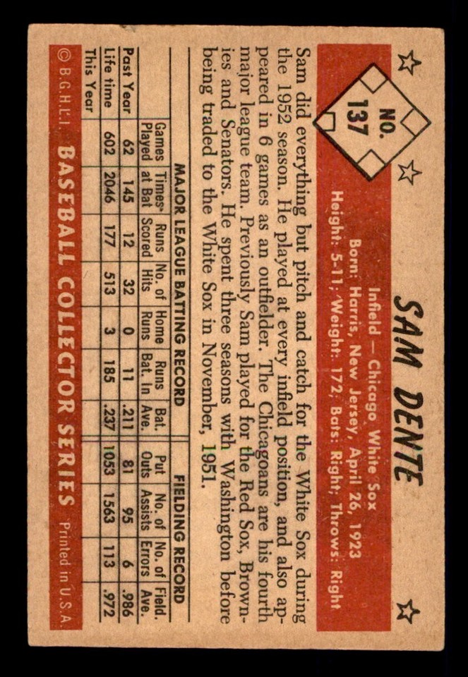 1953 Bowman Baseball #137 Sam Dente EX *f1 | eBay