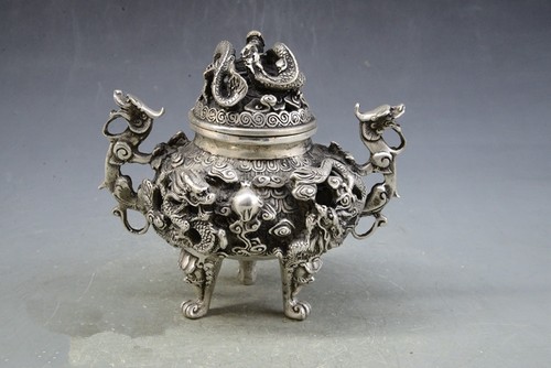 Chinese Old Tibet silver hand carved 3 foot 9 Dragon Incense Burners ...