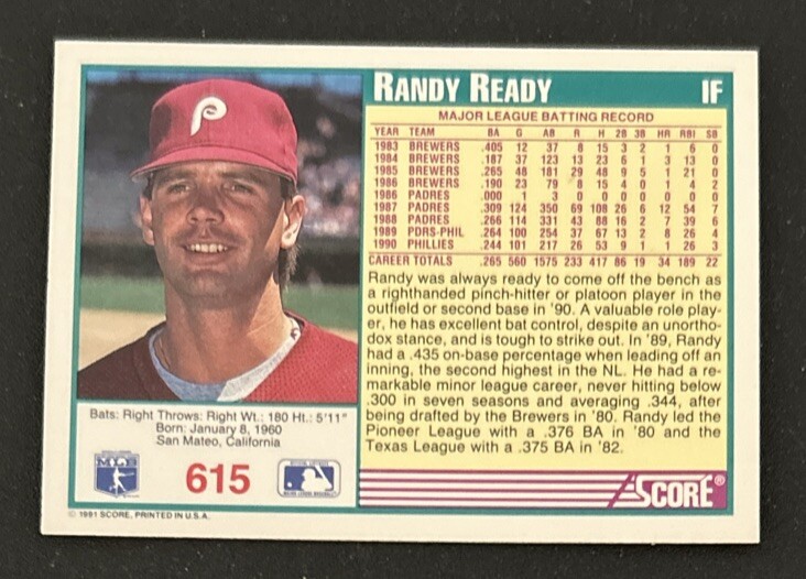 1991 Score Randy Ready Baseball Card #615 Phillies IF VG | eBay