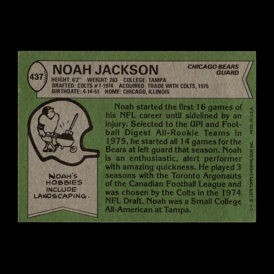 Noah Jackson 1978 Topps Chicago Bears #437 R309E 3 | eBay