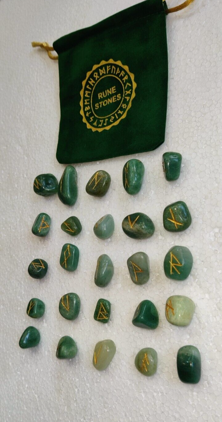 Natural Green Jade Runes 25pcs Engraved Elder Futhark Rune Stone Set | eBay
