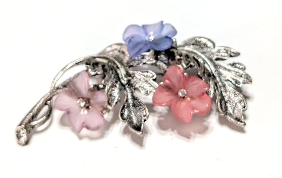 Vintage Flower Brooch Pin Pink Blue Antiqued Silver-tone 2.5" Floral ...