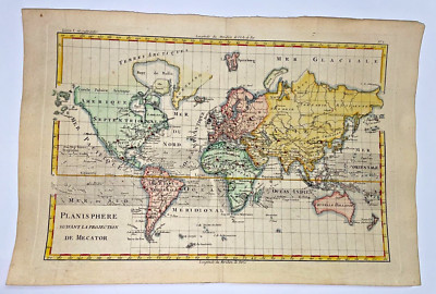 WORLD MAP MERCATOR'S PROJECTION 1780 RIGOBERT BONNE ANTIQUE MAP 18TH ...