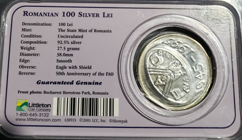 1995 Romania 100 Silver Lei .925 Silver . Mintage 30,000/27.5 gr. UNC ...