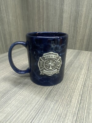 Fire Fighter Blue Marbled Coffee Mug With Silver Badge Fireman | eBay