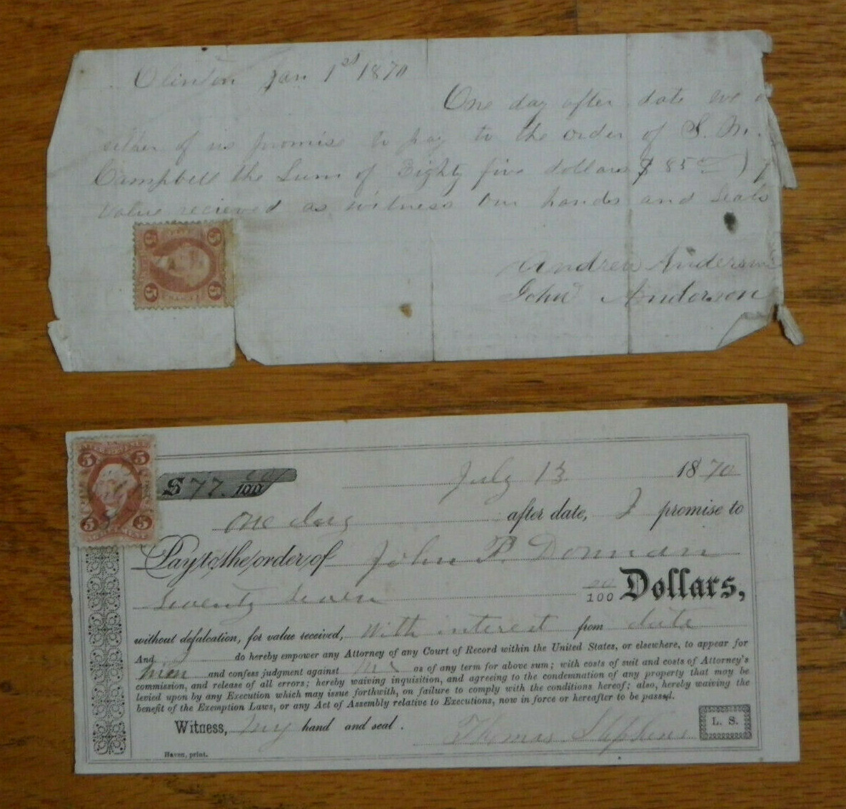 2 1870 Promissory Notes-1 Entirely Hand-Written-5c Internal Rev ...