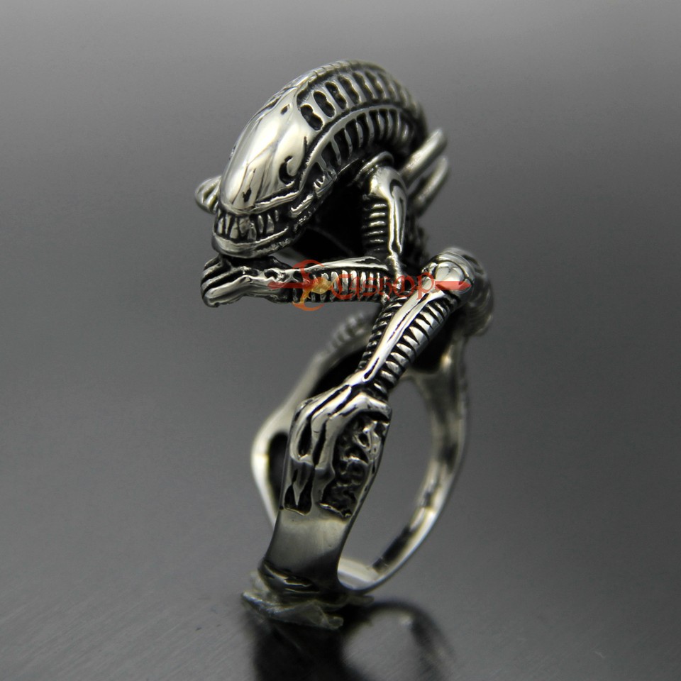 Retro Alien Skull Men's Ring Stainless Steel 3D Predator Rocker Band ...